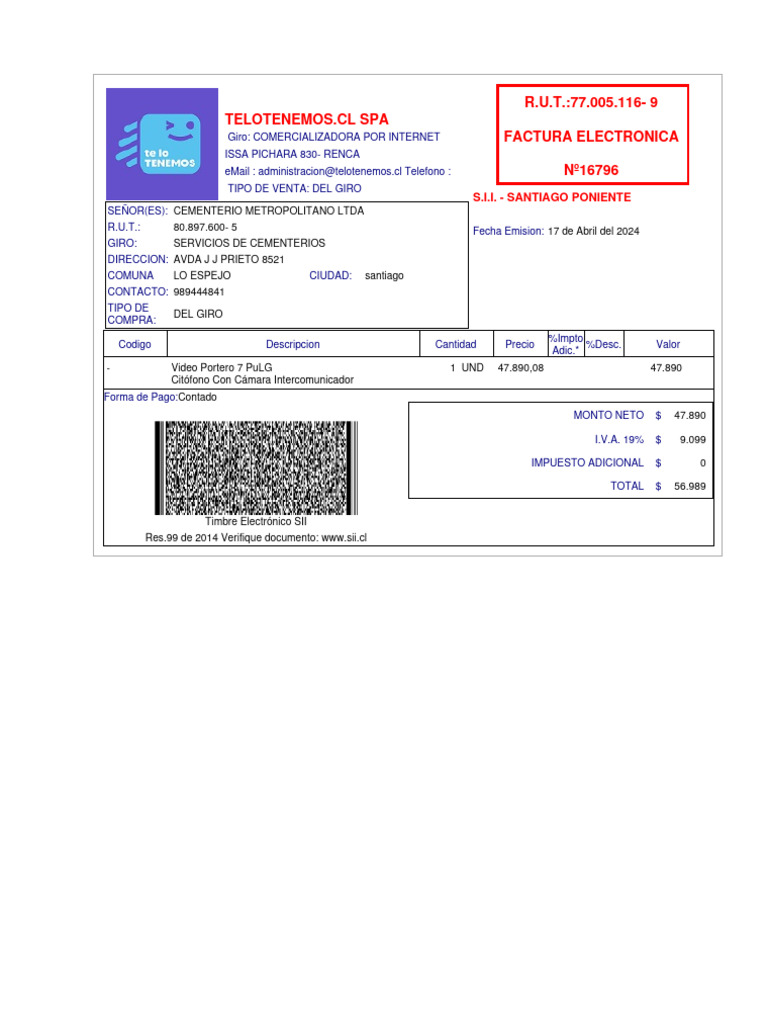 Telotenemos - CL Spa R.U.T.:77.005.116-9 Factura Electronica Nº16796 | PDF