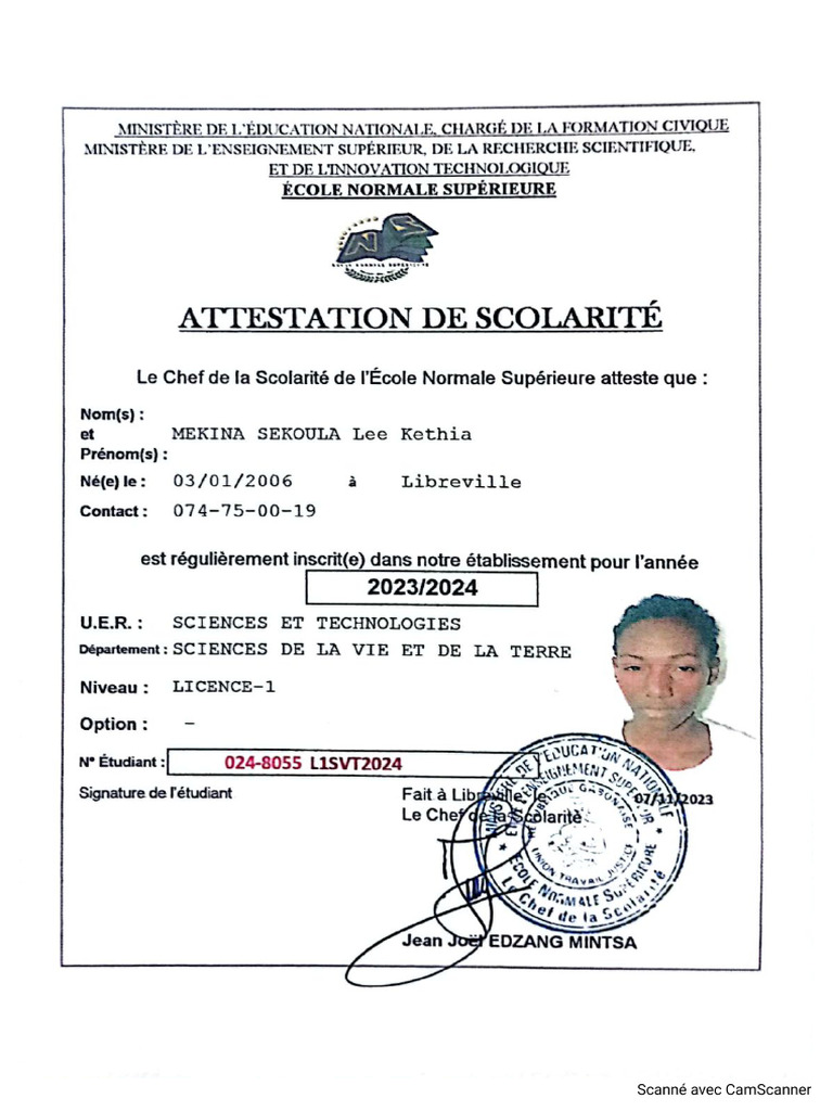 Attestation de Scolarité Lee | PDF