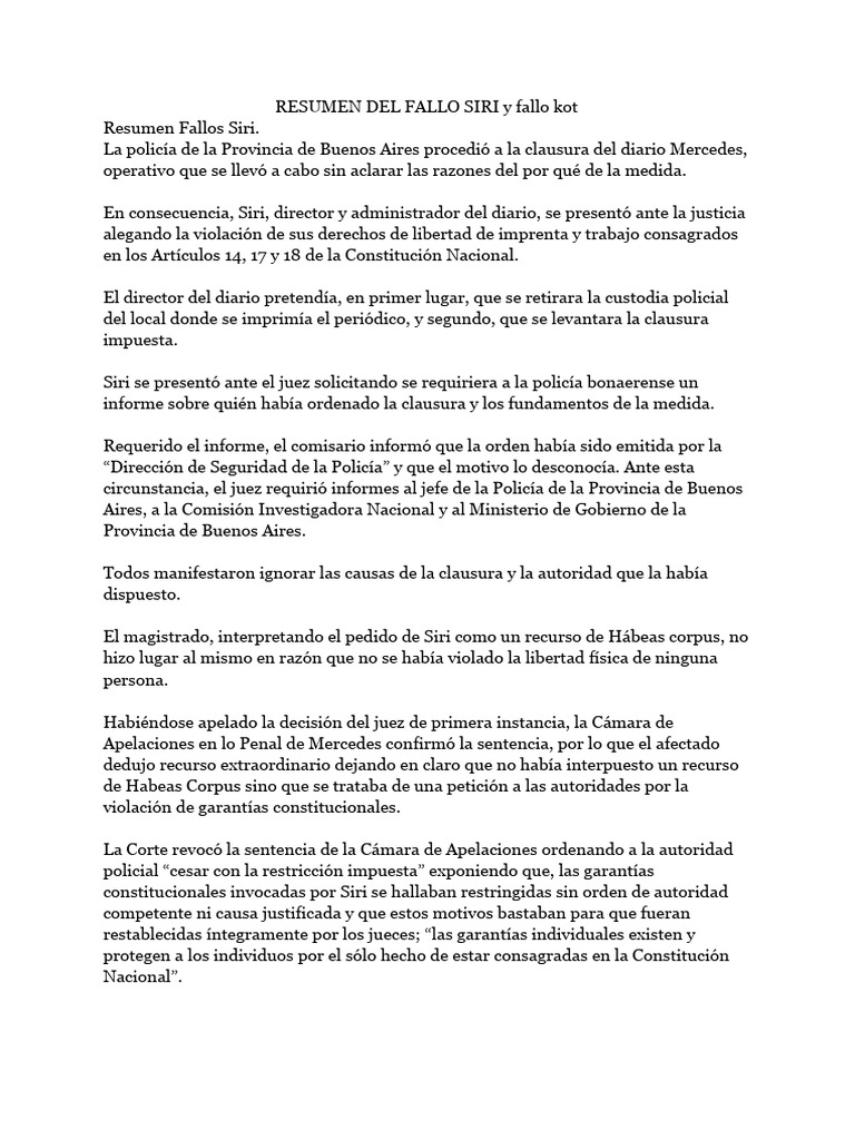 Fallos Siri y Kot: Derechos Constitucionales | PDF | Habeas corpus | Derecho Constitucional