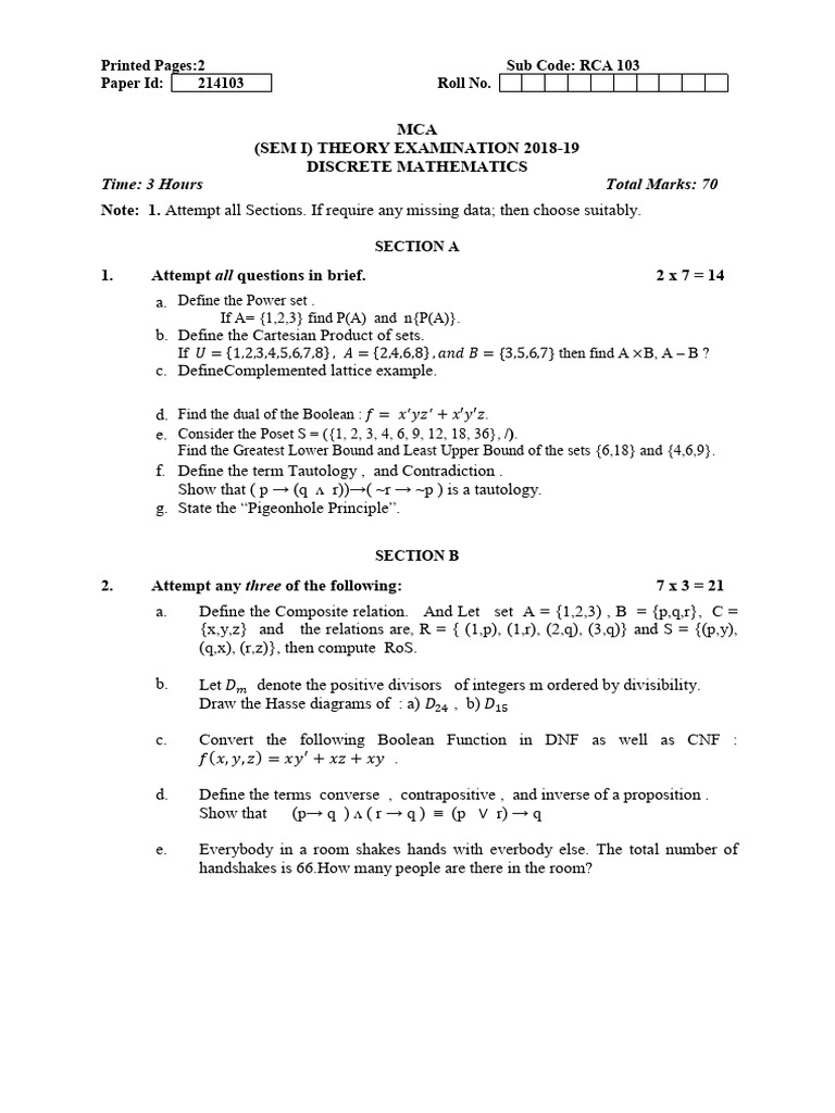 Mca 1 Sem Discrete Mathematics Rca 103 2018 19 | PDF | Boolean Algebra ...
