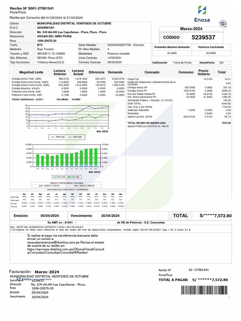 Recibo Enosa Local Mdvo | PDF | Metrología | Electricidad