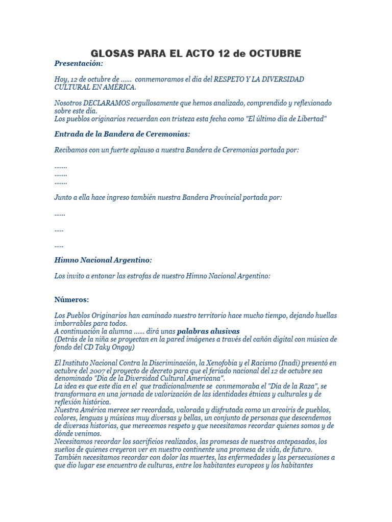 Glosas para El Acto 12 de Octubre | PDF | Valor | Racismo