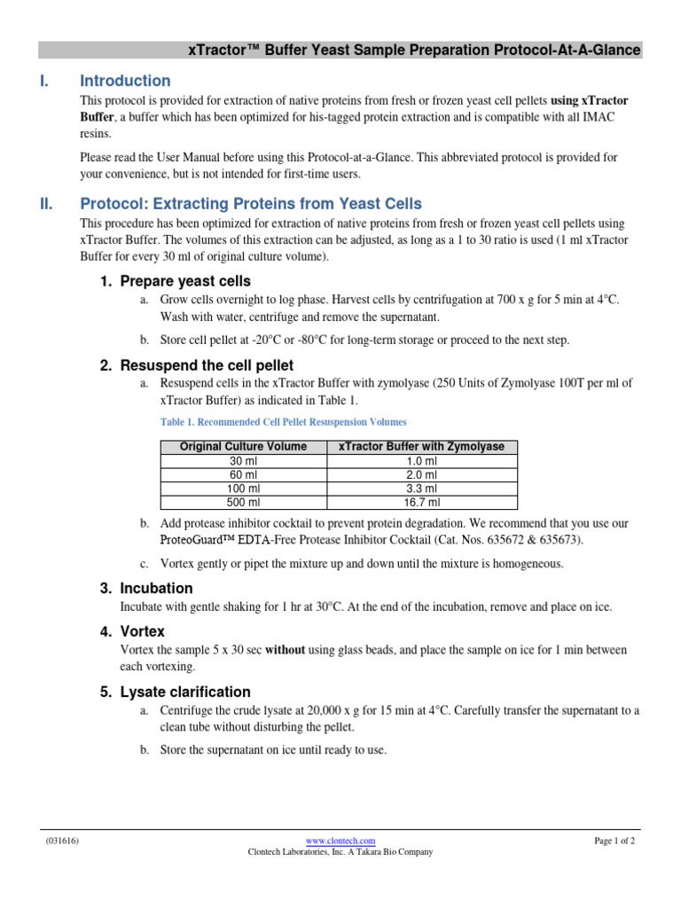 Xtractor Buffer Yeast Sample Preparation Protocol-At-A-Glance - 031616 ...