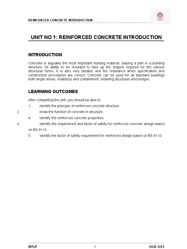 Unit No 1: Reinforced Concrete Introduction | PDF | Strength Of ...