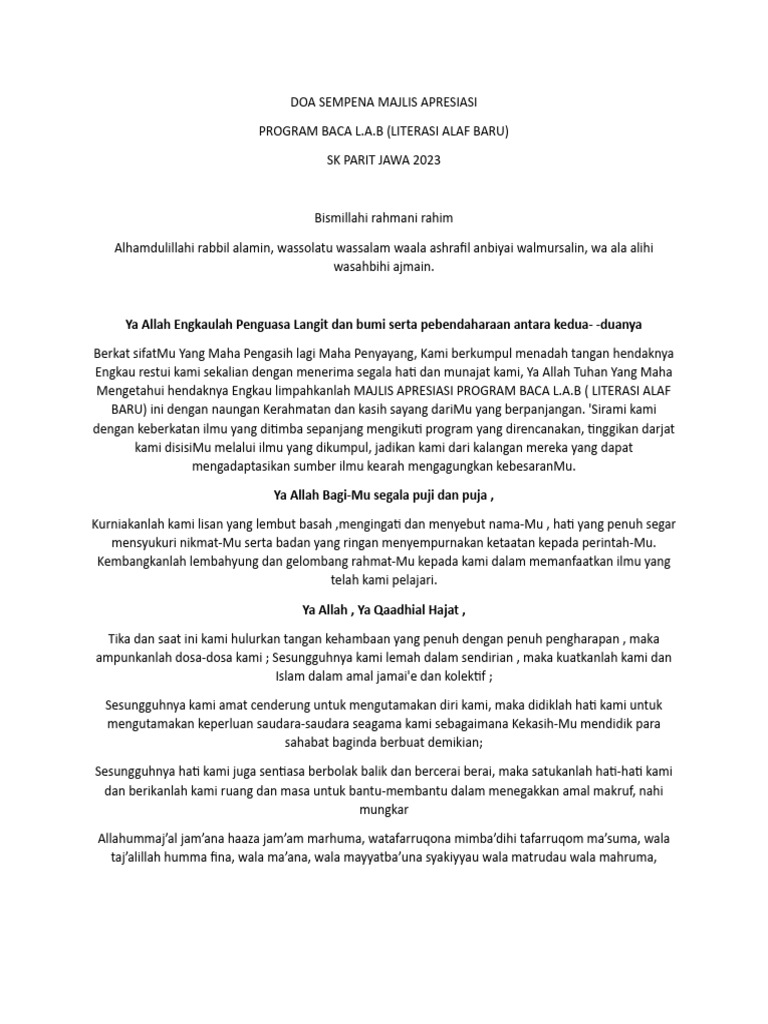 Contoh Doa Penutup Majlis Apresiasi | PDF | Agama & Spiritualitas