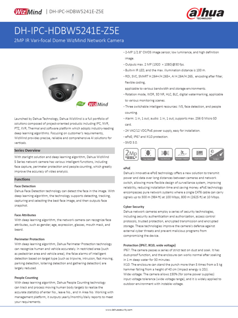 IPC-HDBW5241E-Z5E Datasheet 2MP | PDF | Camera Lens | Computer Security
