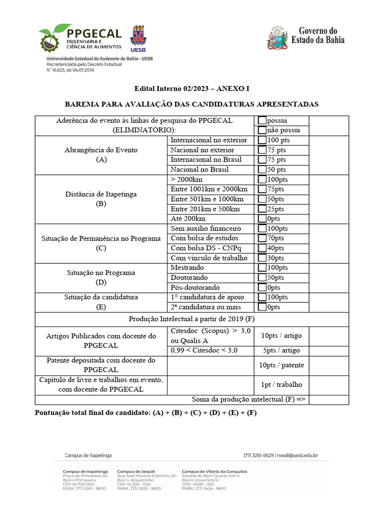 Anexo I Barema para Avaliação Das Candidaturas Apresentadas | PDF | Brasil