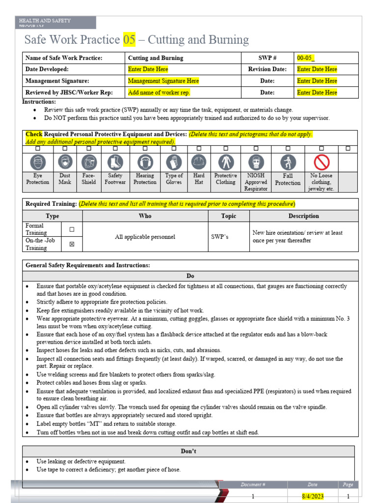 Safe Work Practice: Cutting and Burning | PDF | Personal Protective ...