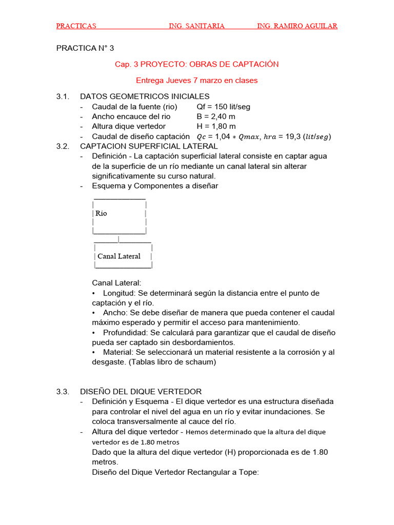 PRACTICA 3 Cap. 3 Captación Proyecto 2024 | PDF | Agua | Dique