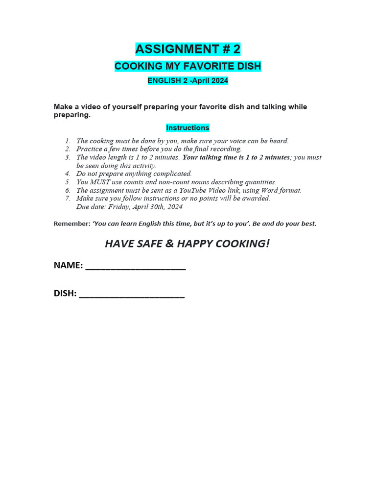 Assignment # 2 Cooking My Favorite Dish English 2 | PDF | Career & Growth