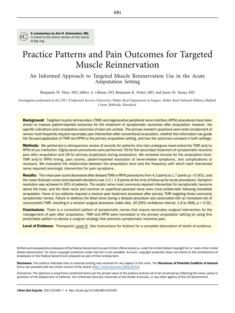 Practice Patterns and Pain Outcomes For Targeted Muscle Reinnervation ...