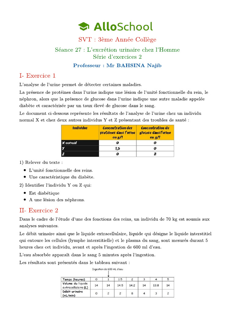 Seance 27 L Excretion Urinaire Chez L Homme Serie D Exercices 2 | PDF