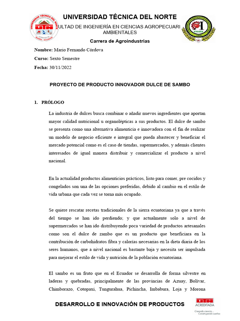 Innovación del Dulce de Sambo Ecuatoriano | PDF | Alimentos