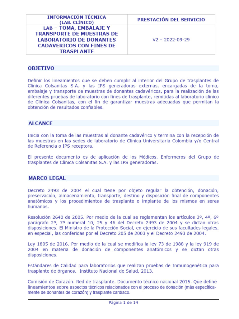 Toma y Transporte de Muestras para Trasplante | PDF | Transplante de organo | Especialidades Medicas
