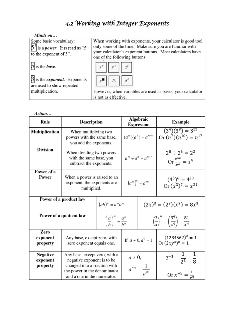 4.2 Working With Integer Exponents | PDF | Exponentiation | Multiplication 4.2 Working With Integer Exponents | PDF | Exponentiation | Multiplication