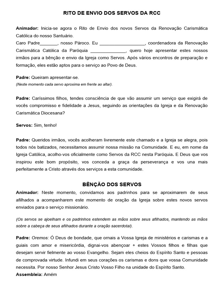 Rito de Envio dos Servos da RCC | PDF | Igreja católica | Oração