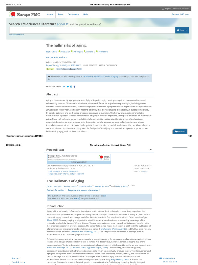 The Hallmarks of Aging. - Abstract - Europe PMC - Eng | PDF | Dna Repair | Mitochondrial Dna