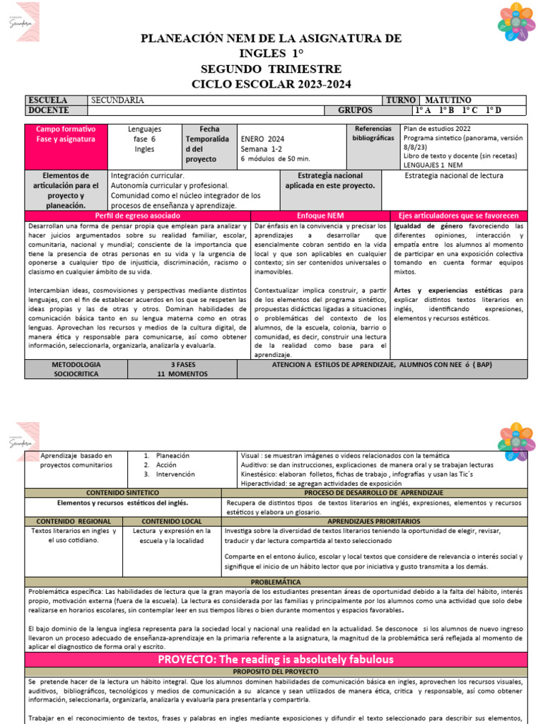 Planeación Nem de La Asignatura de Ingles 1 t2 Ejemplo | PDF ...