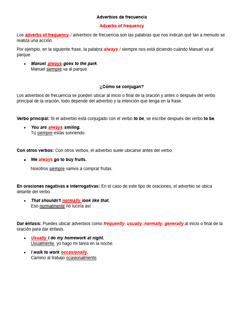Guía de adverbios de frecuencia | PDF | Verbo | Morfología Lingüística