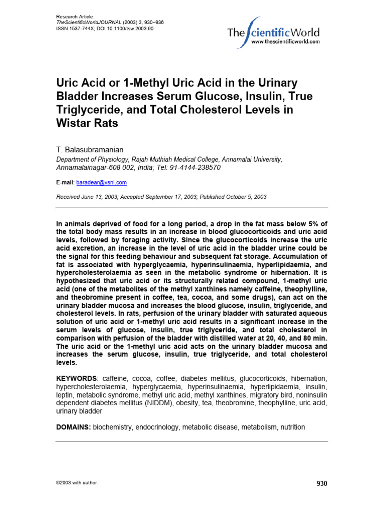 Uric Acid Raises Glucose and Lipids in Rats | PDF | Fat | Insulin