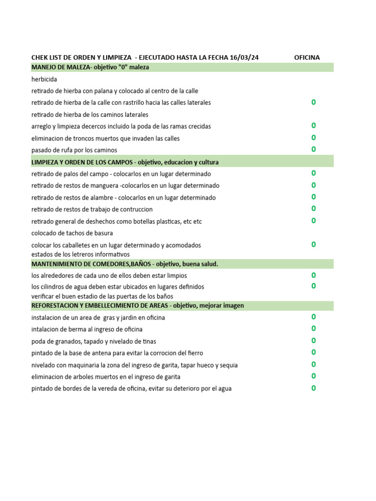 CHECK LIST - ORDEN Y LIMPIEZA - Sem 11 | Descargar gratis PDF | Agricultura