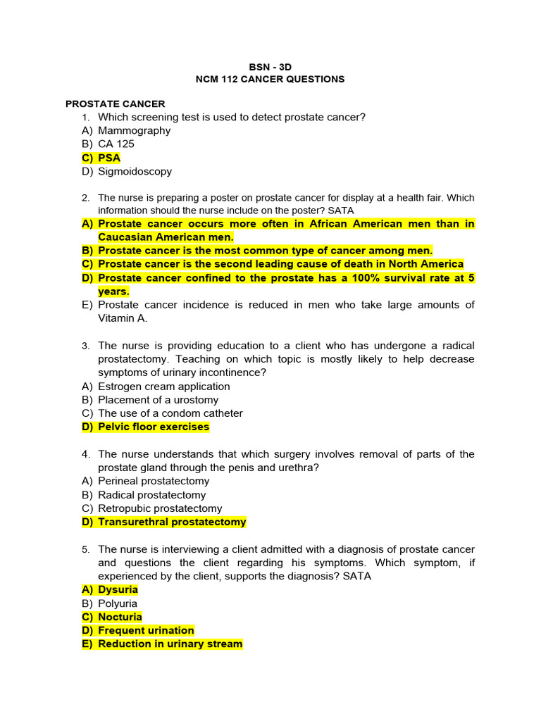 Prostate Cancer Nursing Quiz Questions | PDF | Breast Cancer | Prostate