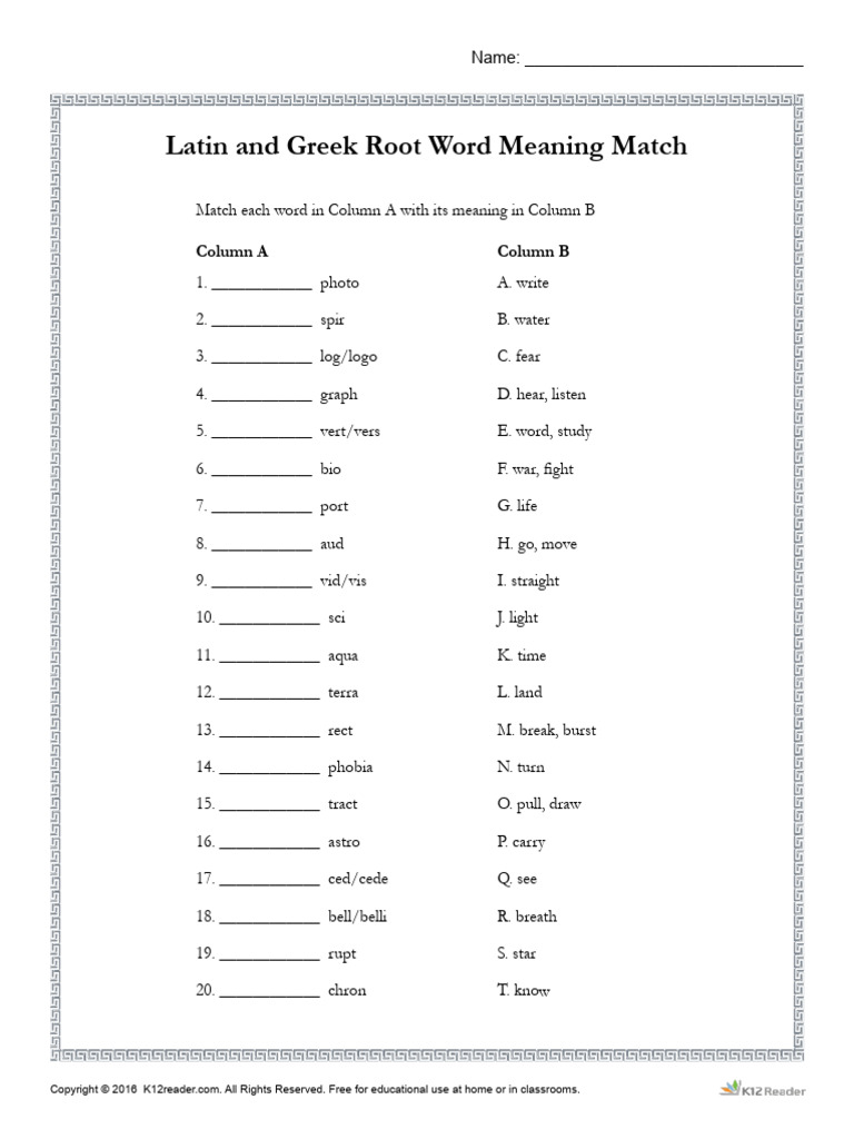 Latin and Greek Root Word Meaning Match | PDF
