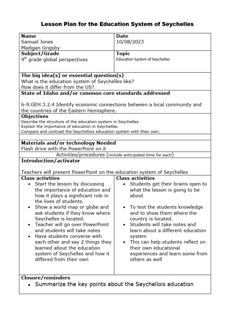 lesson plan for the education system of seychelles | PDF | Lesson Plan ...