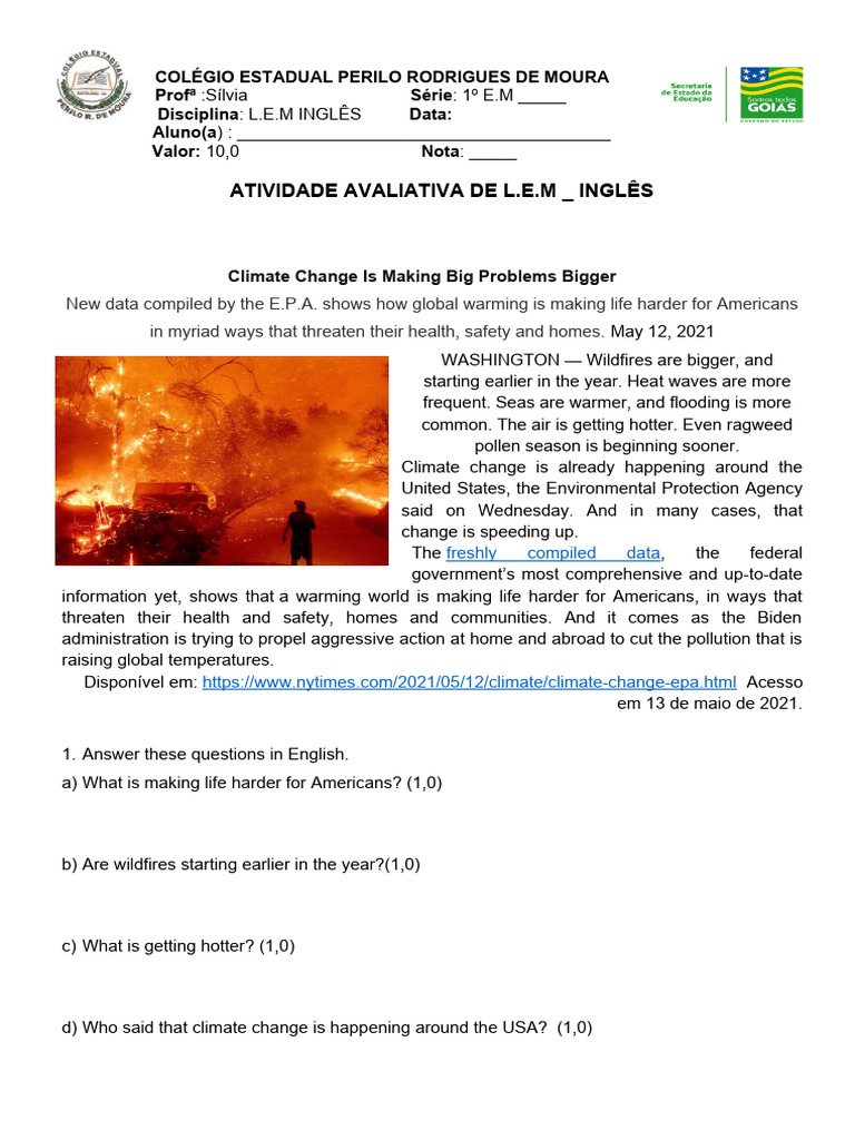 Template - 1º A e B Atividade Avaliativa de Ingles | PDF | Climate Change | Natural Environment