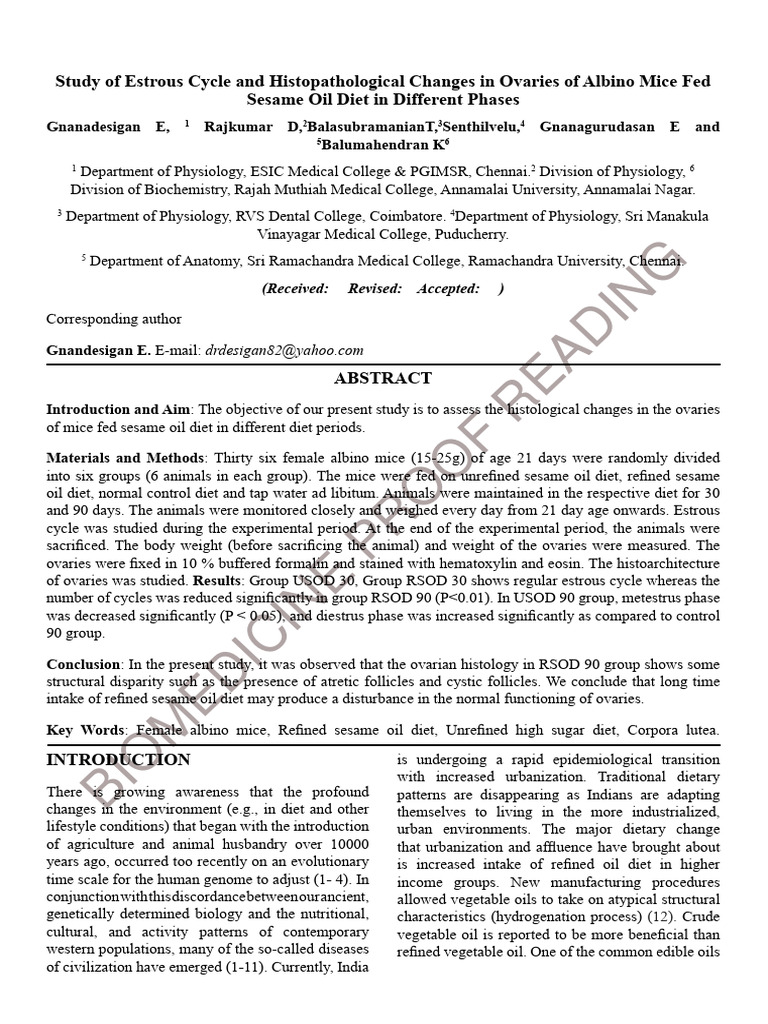 Estrous Cycle in Albino Mice: Oil Diet Effects | PDF | Laboratory ...