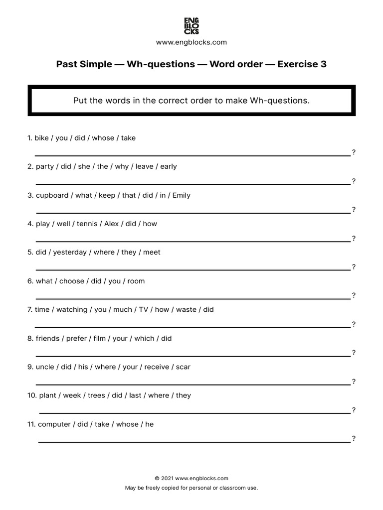 Past Simple WH Questions Word Order Exercise 3 | PDF | Grammar ...