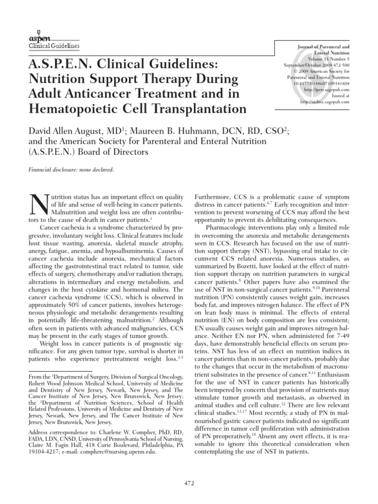 A S P E N Clinical Guidelines Nutrition Support Therapy During Adult ...