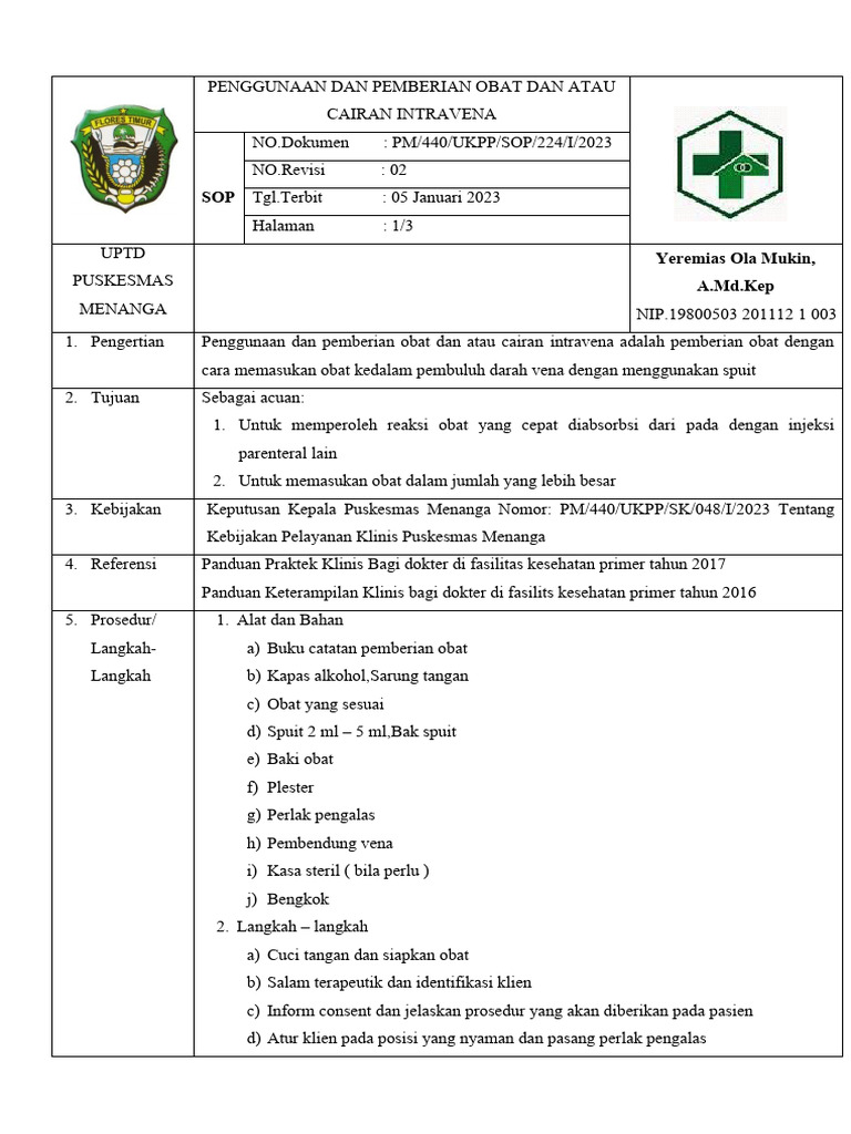 Sop Penggunaan Dan Pemberian Obat Dan Atau Cairan Intravena New | PDF