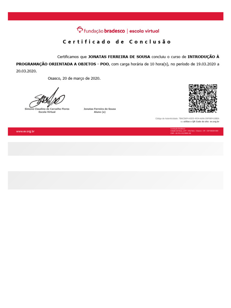 Certificado Programação Orientada A Objetos Poo Pdf