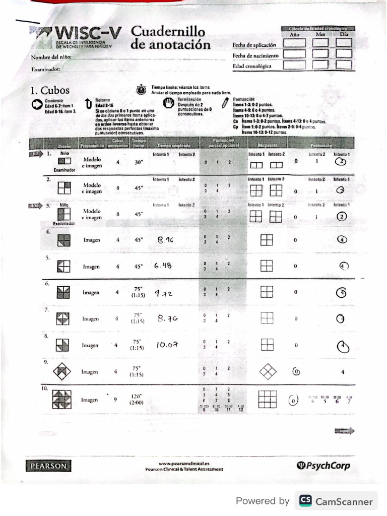 Cuadernillo Anotación y Respuestas WISC-V | PDF