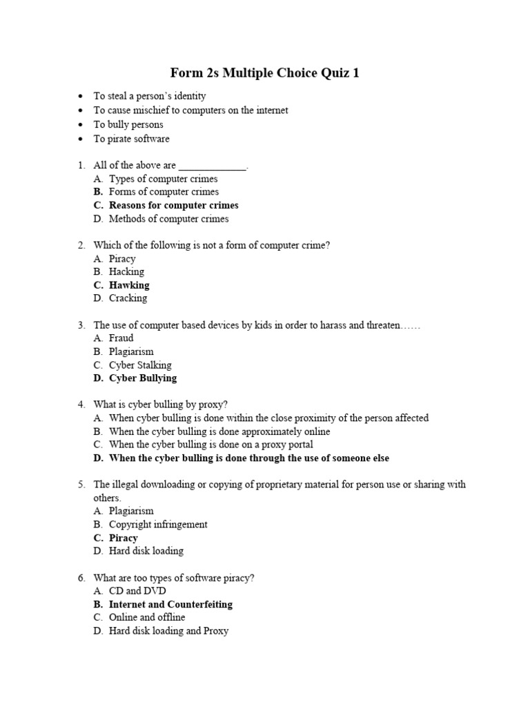 Form 2s Multiple Choice Quiz 1 - Computer Ethics | PDF | Games ...