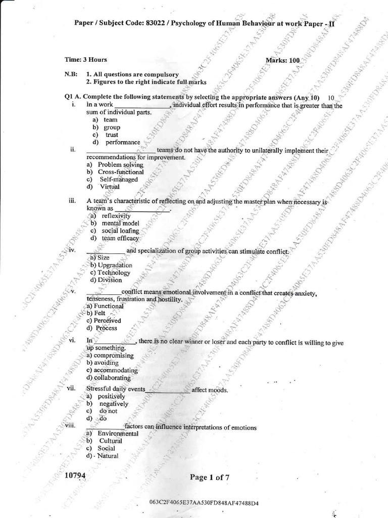 (PSY.) TYBCOM SEM 6 Question Paper Psychology of Behaviour at Work - April 2023 | PDF