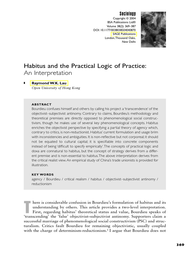 Habitus and The Practical Logic of Practice | PDF | Experience | Concept