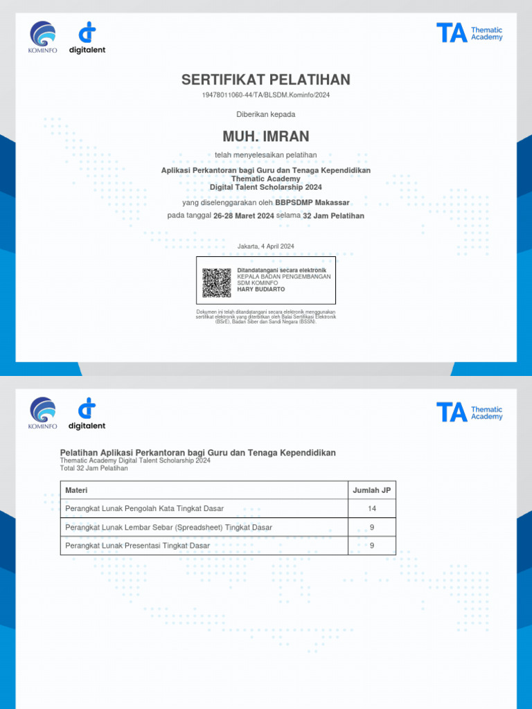 Sertifikat Pelatihan: Diberikan Kepada | PDF