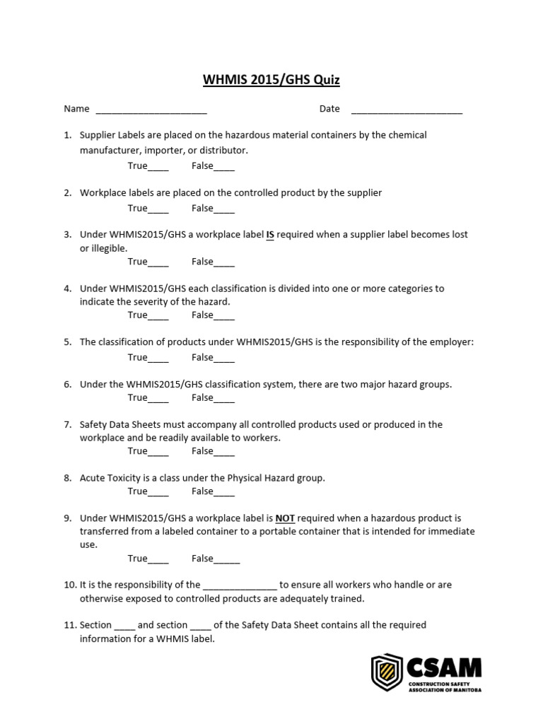WHMIS 2015 Quiz | PDF | Toxicity | Occupational Safety And Health