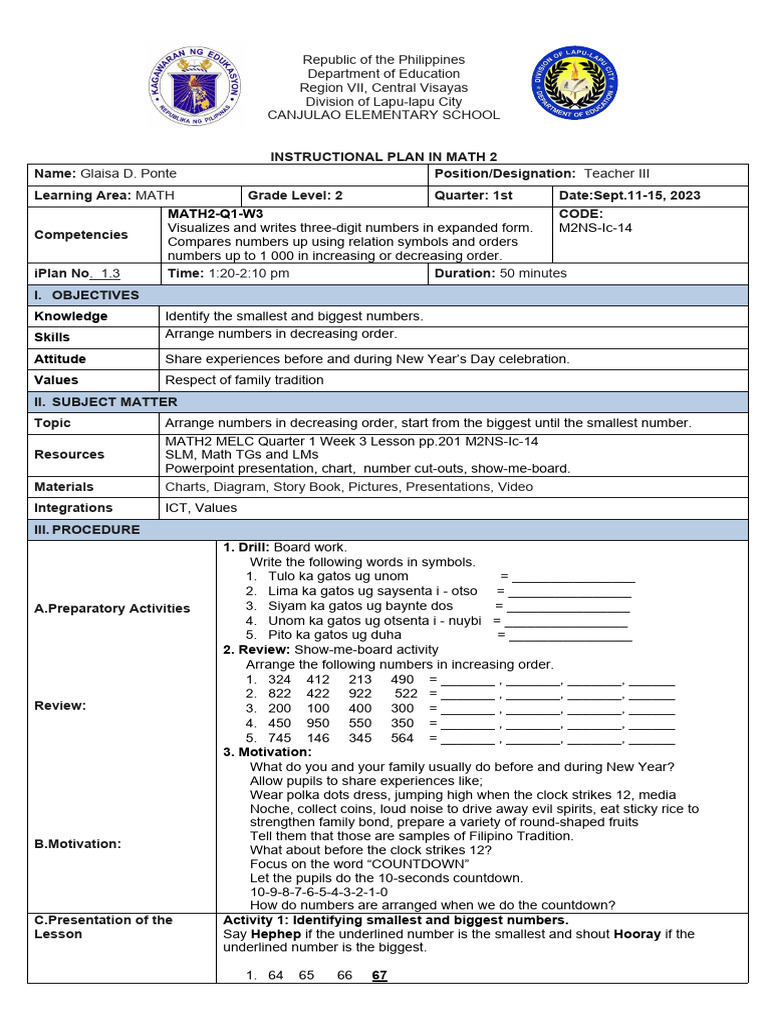 05 Math2 Iplan Q1 W3 | PDF | Learning | Cognition