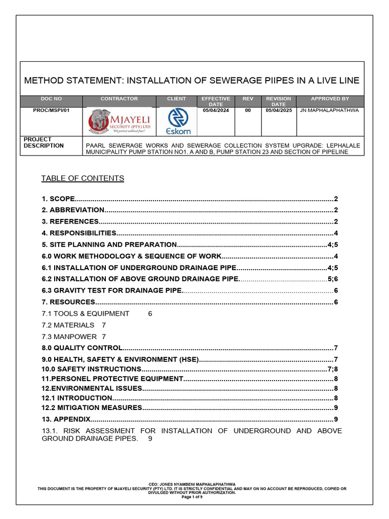Method Statement - Installation of Sewerage Piles in Live Line | PDF | Pipe (Fluid Conveyance ...