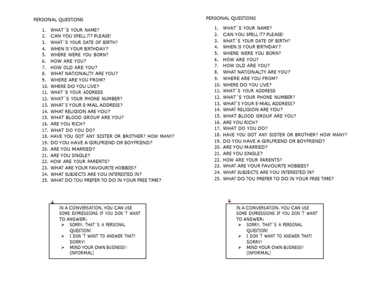 Personal Questions and Responses Guide | PDF | Language Arts ...