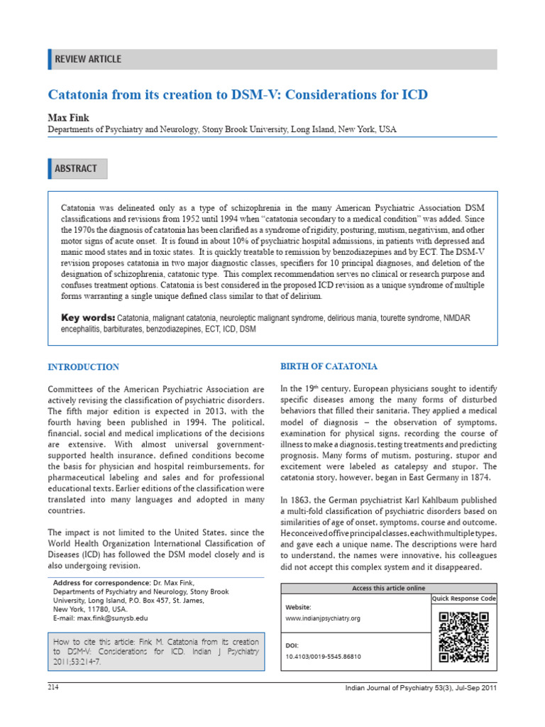 Catatonia From Its Creation To DSM-V: Considerations For ICD | PDF | Diagnostic And Statistical ...