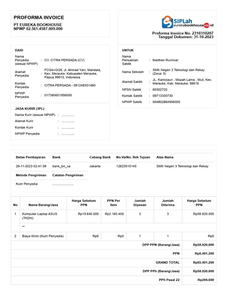 Proforma Invoice Laptop ASUS dan Biaya Kirim | PDF