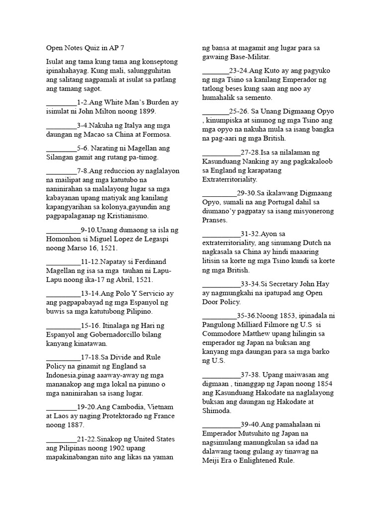 4th Quarter Open Notes Quiz Sa Aralin Panlipunan 7 | PDF