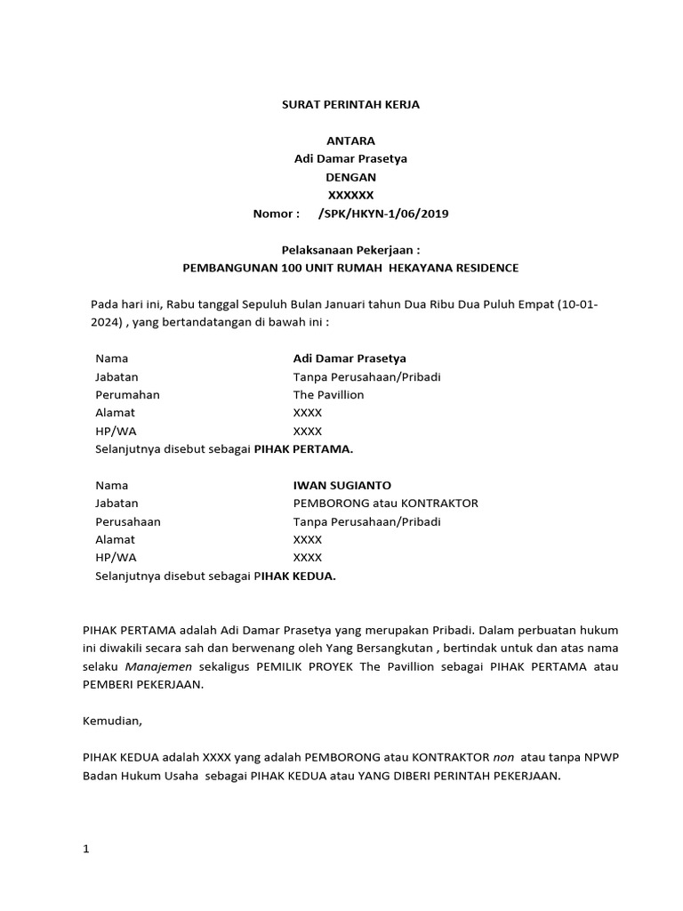 Draft SPK Kontraktor Turnkey The Pavillion | PDF