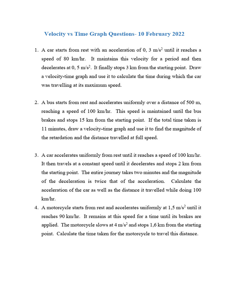 Velocity vs Time Graph Questions | PDF