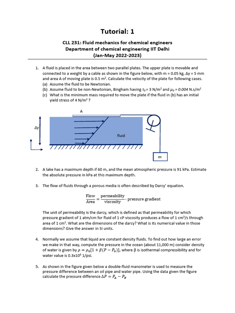 CLL 231 Tutorial 1 | PDF | Fluid Mechanics | Pressure