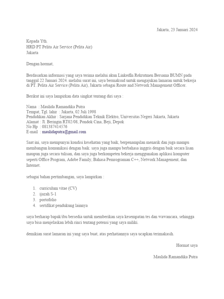 Surat Lamaran Kerja BUMN - Route and Network Management Officer PELITA ...